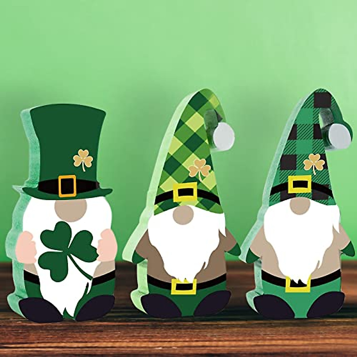 St. Patrick's Day Decorations Gnomes Table Sign - 3pcs Wooden Scandinavian Tomte Shamrock Clover Lucky Table Centerpiece, Green Home Office Irish Themed Party Decor