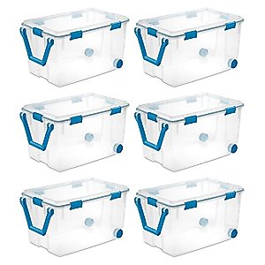 Sterilite 120 Quart Clear Plastic Wheeled Storage Container Box Bin with Air Tight Gasket Seal Latching Lid Long Term Organizing Solution, (6 Pack)