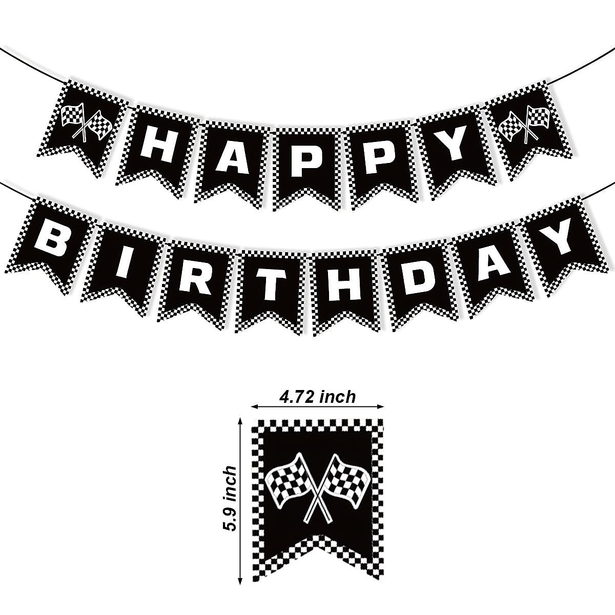 Eostankr Race Car Happy Birthday Banner Race Car Birthday Party Decorations Black and White Checkered Flag Banner Racing Themed Checkered Flag Party Supplies for Boys
