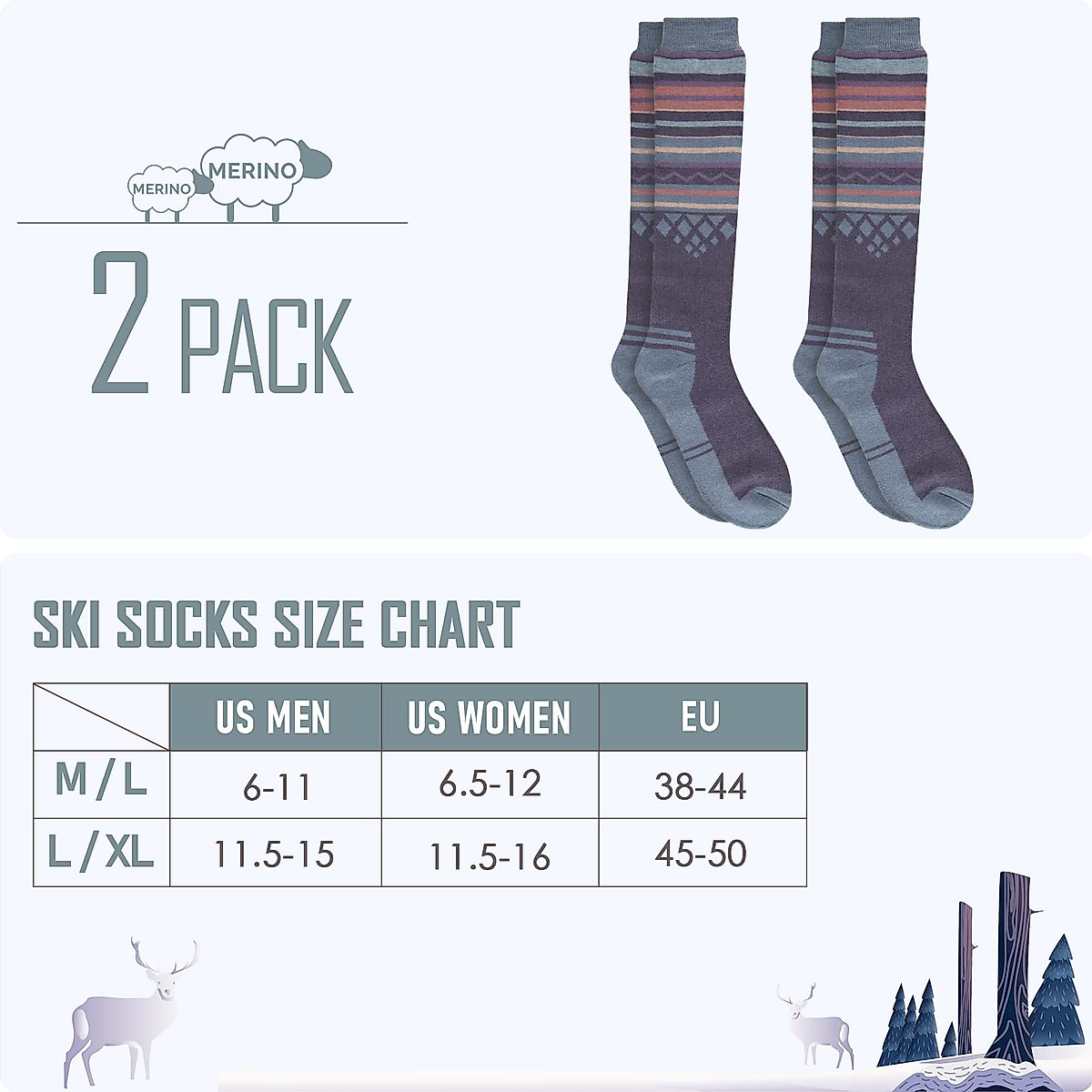 OutdoorMaster Ski Socks 2-Pack Merino Wool, Non-Slip Cuff for Men & Women - Gray, L/XL