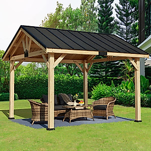 LSKTGA Gazebos, 11x12 FT Solid Wood Patio Gazebo Small wood pergola with Waterproof Asphalt Roof, Outdoor Permanent Hardtop Gazebo Canopy for Patio, Garden, Backyard