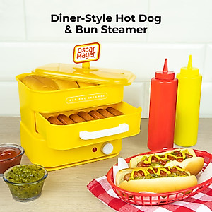 Nostalgia Oscar Mayer Diner-Style Hot Dog Steamer and Bun Warmer, 8 Hot Dog and 4 Bun Capacity, Steam Bratwursts, Sausages, Vegetables, Fish, Dumplings, Yellow