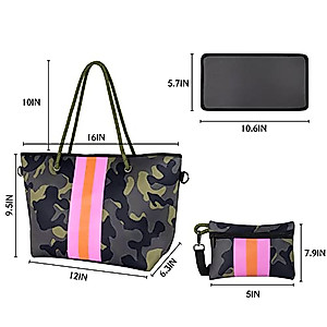 TANJUR Neoprene Medium Crossbody Bag Casual Shoulder Bag Lightweight Daily Hand Bag for Women with Zipper and A Small Purse（Green Camouflage Pink Stripe）