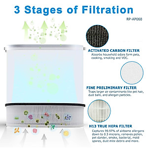 Flintar RP-AP068 3-in-1 H13 Grade True HEPA Replacement Filter, Compatible with RENPHO Compact Air Purifier RP-AP068, 2-Pack