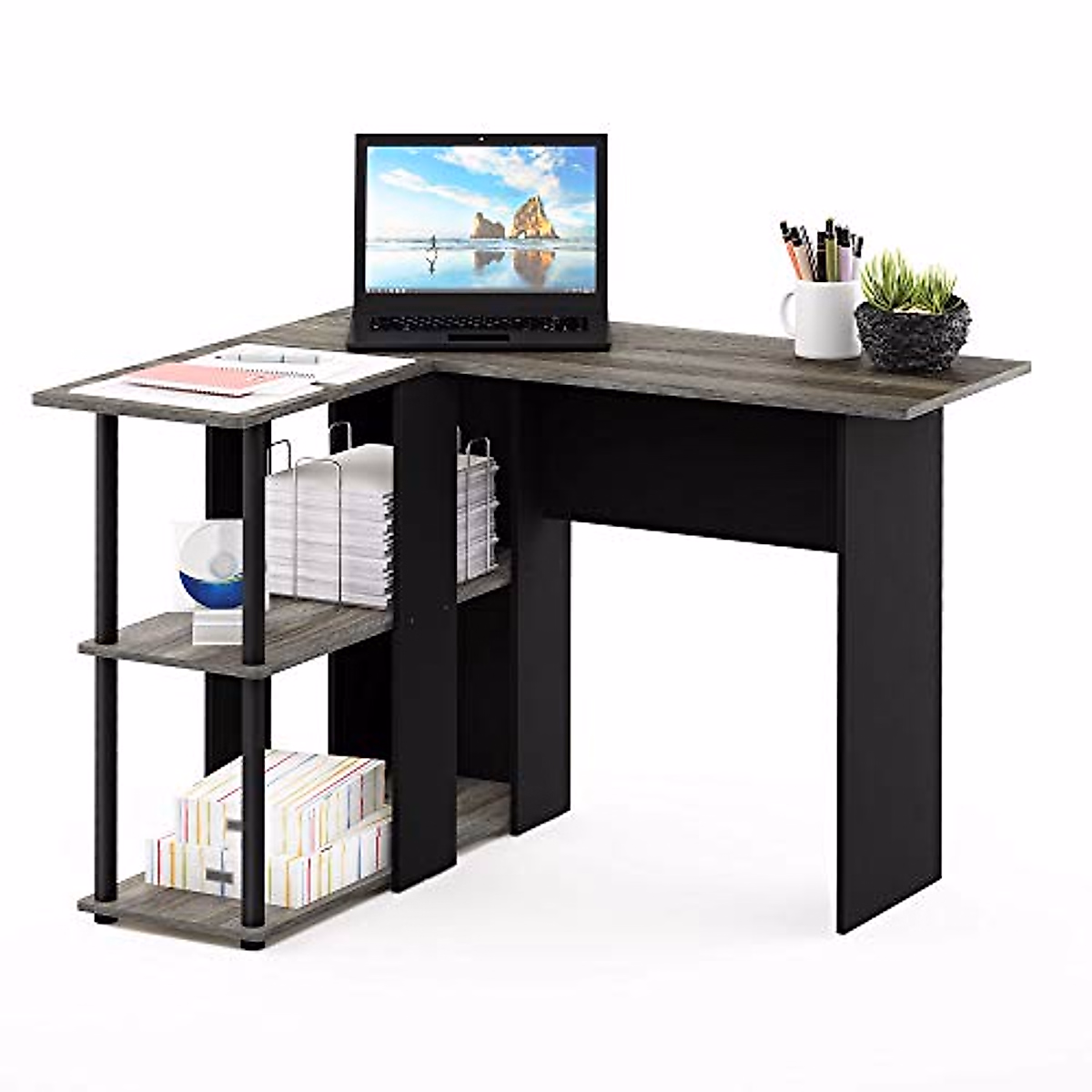 Furinno Abbott L-Shape Computer Desk with Bookshelf, French Oak Grey/Black