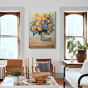 ArtbyHannah 20x28 inch Rose Flowers Oil Paintings on Canvas, Hand Painted Textured Orange Floral Artwork for Wall Art Decor