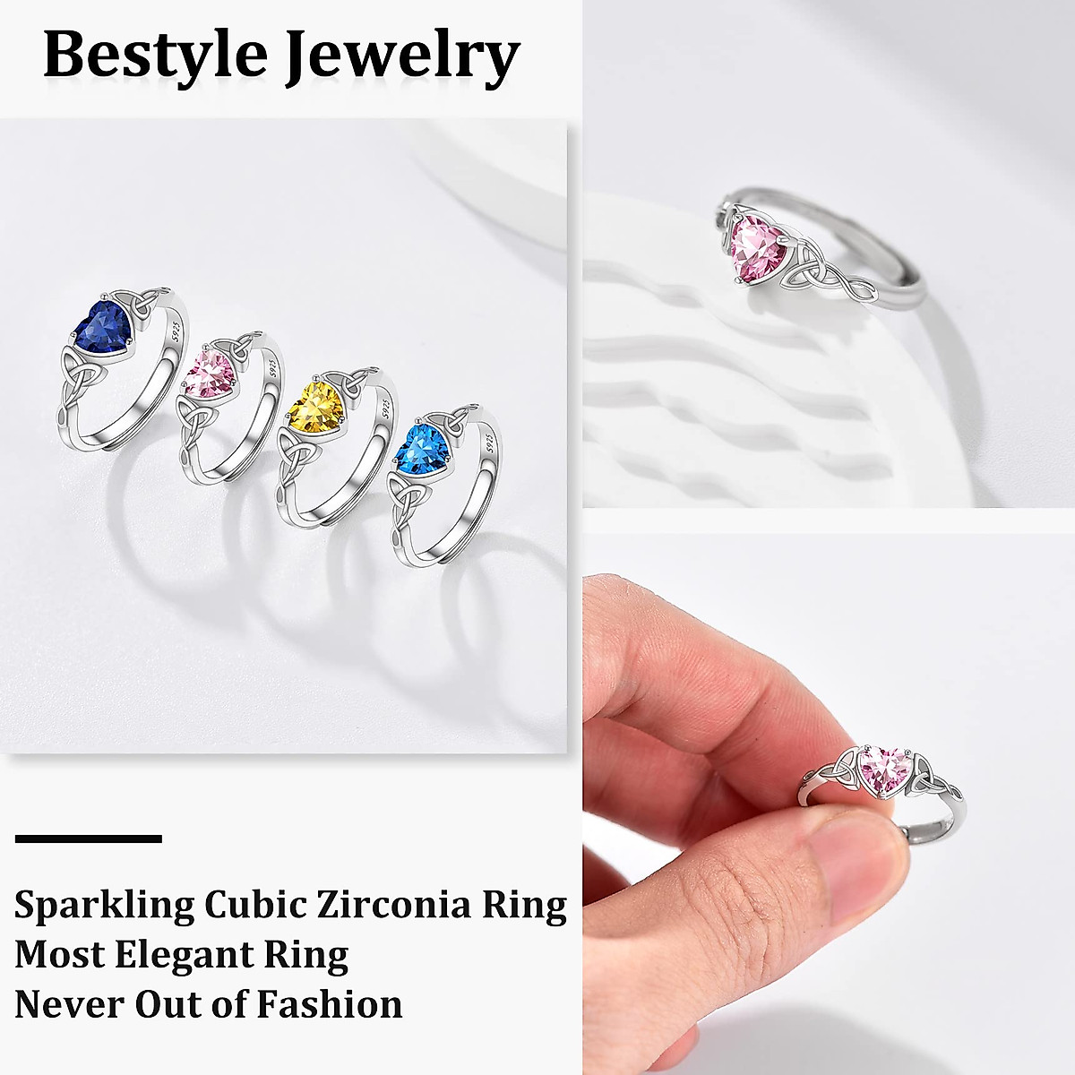 Bestyle Infinity Love Celtic Knot Rings for Women October Pink Tourmaline Gemstone Celtic Knot Rings with Sparkling Cubic Zirconia, Brilliant Love Heart Diamond Halo Rings
