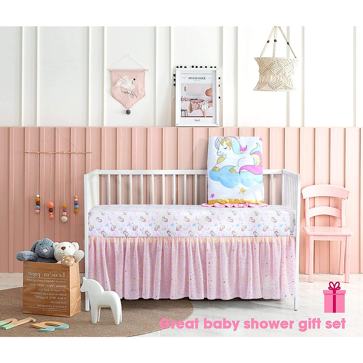 Little Grape Land 3 Piece Baby Crib Bedding Set, Unicorn Standard Size Crib Set, Nursery Baby Bedding for Girls, Crib Sheet, Comforter, Crib Skirt, 52" x 28", Pink Gold