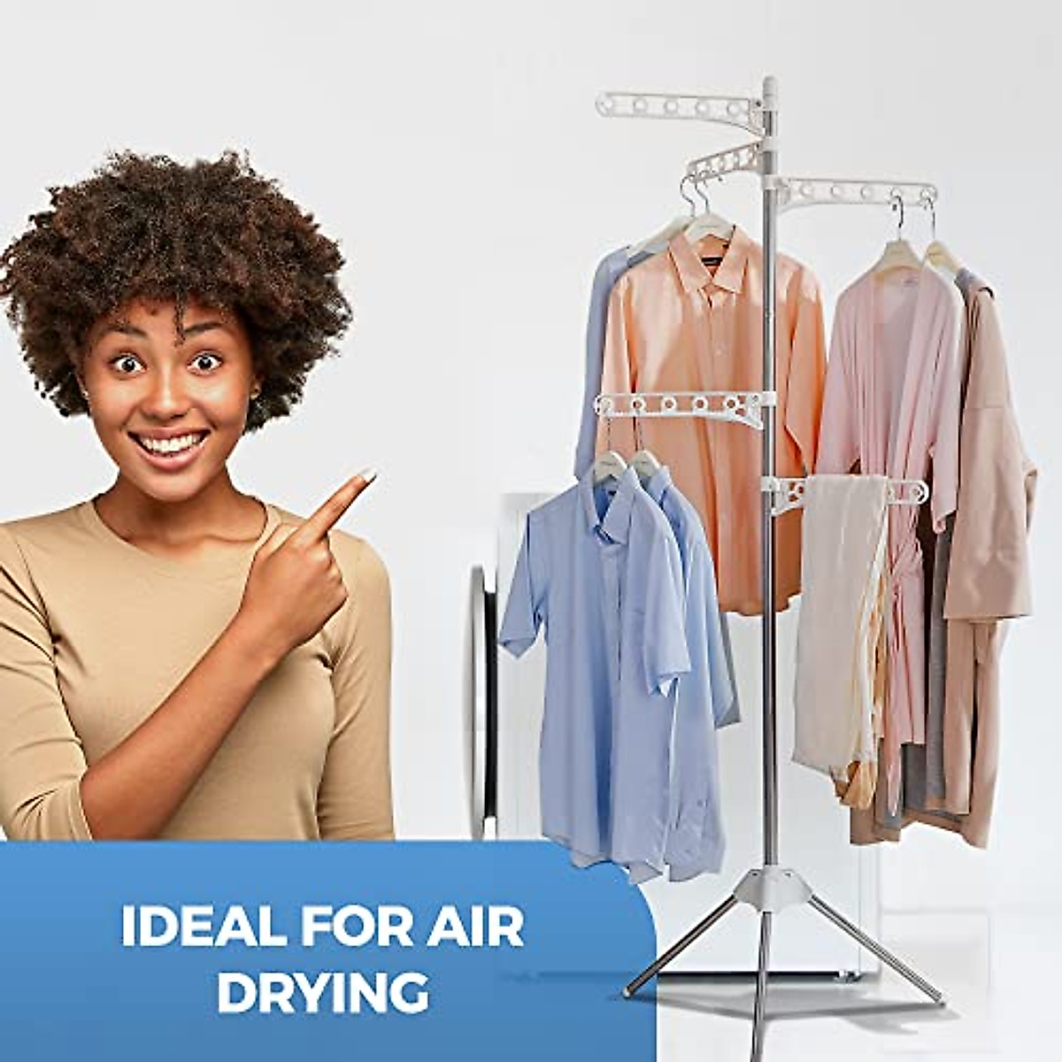 Home Spirit Tripod Clothing Rack, Indoor Clothes Drying Rack for Laundry, Foldable for Storage, Adjustable Height Up to 74", Five Removable Adjustable Hangers, Holds Up to 36 Garments