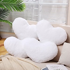 Remerry 4 Pcs Heart Shaped Cute Throw Pillows Faux Rabbit Fur Heart Pillow Soft Fluffy Throw Cushion Decorative for Bedroom Bed Sofa Kid Girls Sleepover Party(White)