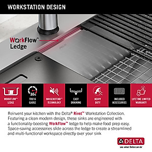 DELTA FAUCET Rivet 33-Inch Workstation Kitchen Sink Drop-In Top Mount 16 Gauge Stainless Steel 50/50 Double Bowl with WorkFlow Ledge and Chef’s Kit of 8 Accessories, 95A931-33D-SS