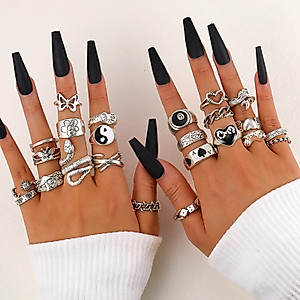 Vintage Silver Open Punk Rings for Men Women, 24PCS Adjustable Rings, Alt Rings, Chunky Silver Rings, Bulky Rings, Hippie Rings ,Cool Gothic Ring,Statement Stacking Ring, Skull Snake Star Flower Heart