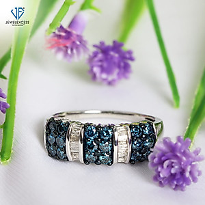 JEWELEXCESS Sterling Silver Blue & White 1 Carat Diamond Ring for Women| Dual-Colored Ring Band with Round Diamonds