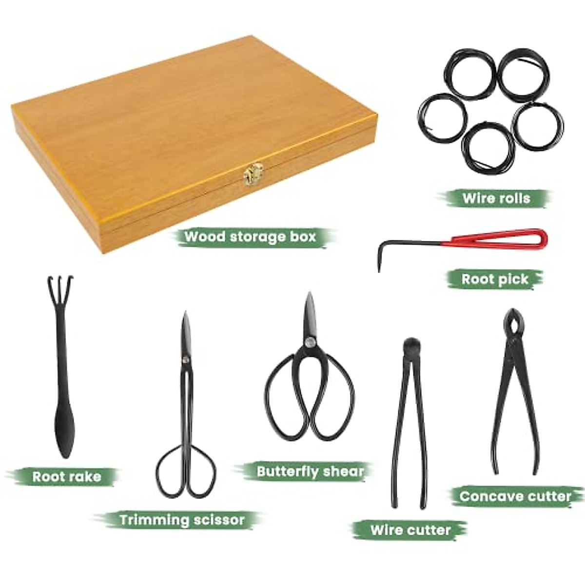 Bonsai Tools Set with Wood Box 12PCS Heavy Duty Bonsai Tree Kit, Trimming Scissor Shears, Concave Cutter, Wire Rolls, Wire Cutter and More, Gardening Bonsai Pruning & Care Kit