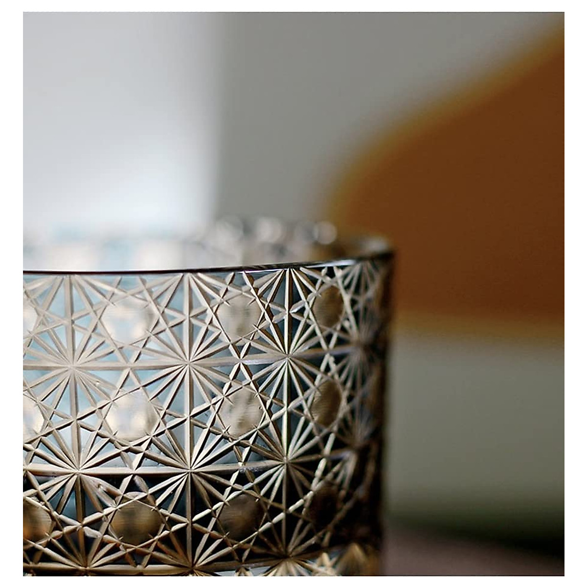 JIACI Edo Kiriko style Hand Carved Drinking Glass Crystal Whisky Glass 270ml Tumbler For Whiskey-Cocktail-Vodka-Beer Drinkingware Glasses Crystal Whiskey With Gift Box (Amber Blue)