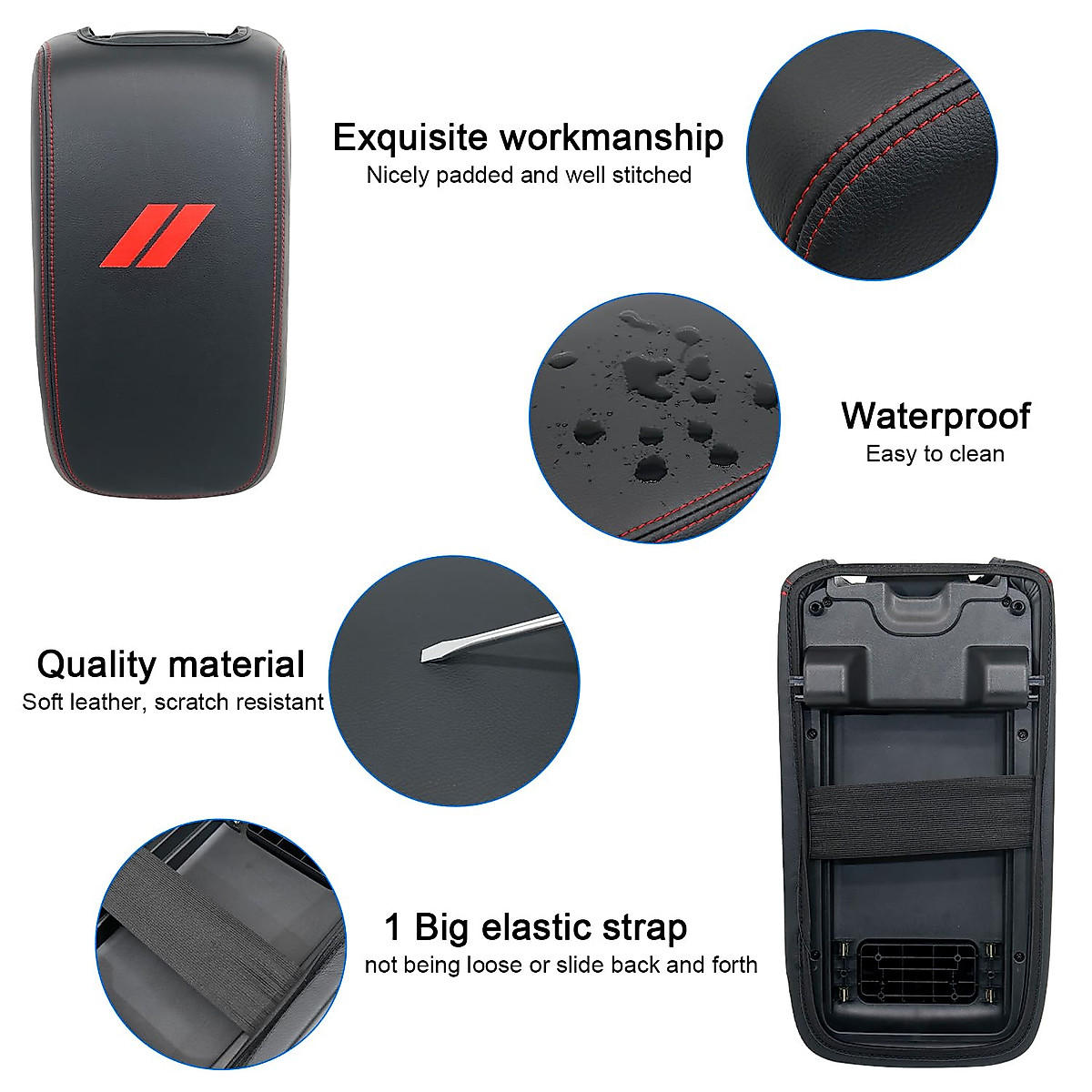 REMOCH for Dodge Charger Accessories 2011-2021 2022 2023 Center Console Cover for Chrysler 300 2015-2022 Leather Armrest Cover Seat Console Box Lid Protector Interior (Red Stitches, Leather)