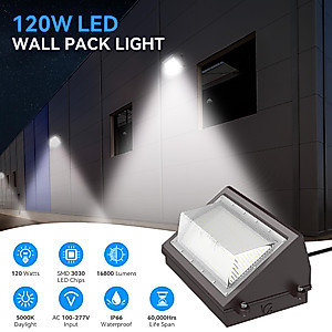 120W LED Wall Pack Light with Dusk-to-Dawn Sensor, 16800LM 5000K LED Security Flood Lighting, 100-277V Commercial and Industrial Outdoor LED Wall Lights for Parking Lots|Warehouses|Factories|House