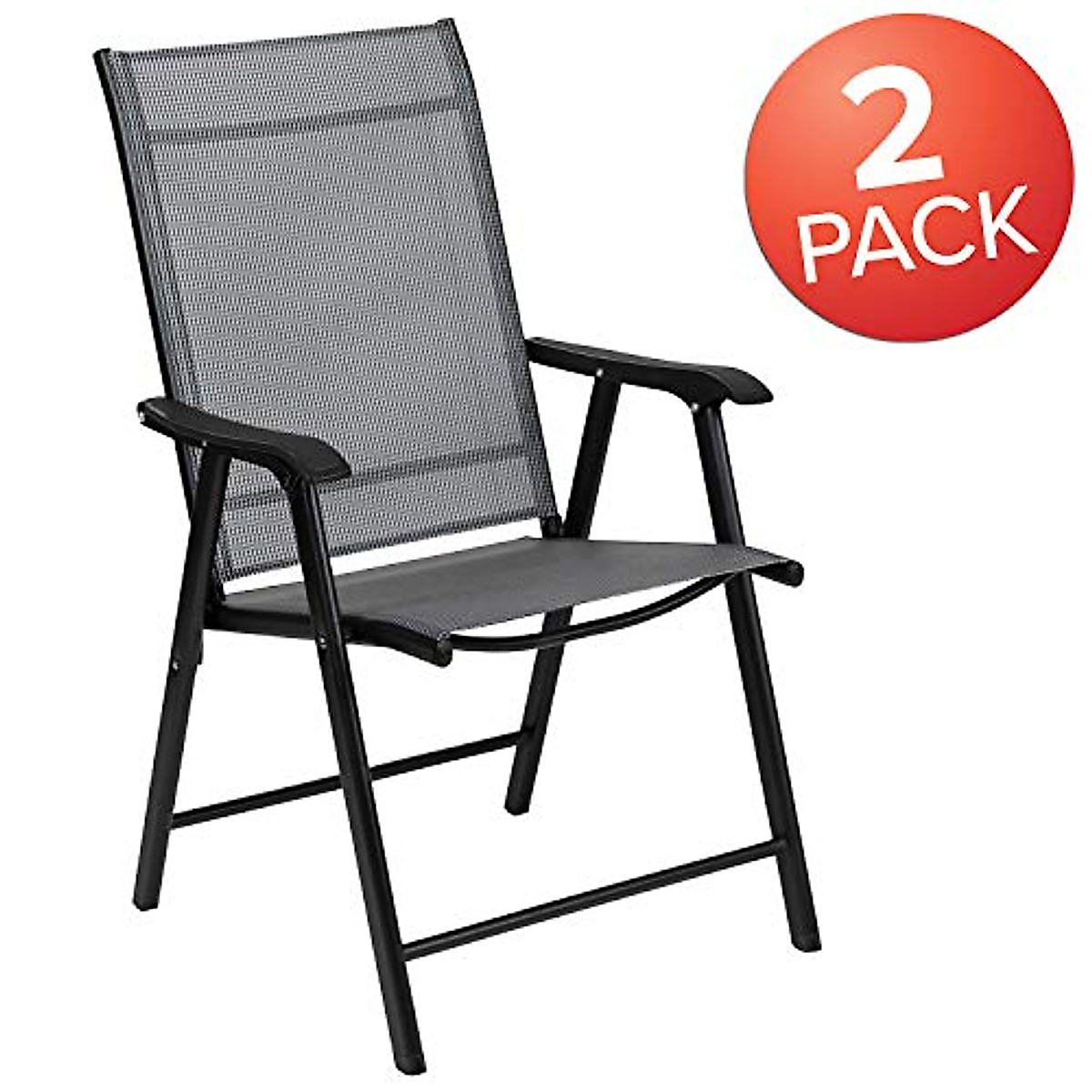 EMMA + OLIVER Gray Outdoor Folding Patio Sling Chair with Black Frame/Portable Chair (2 Pack)