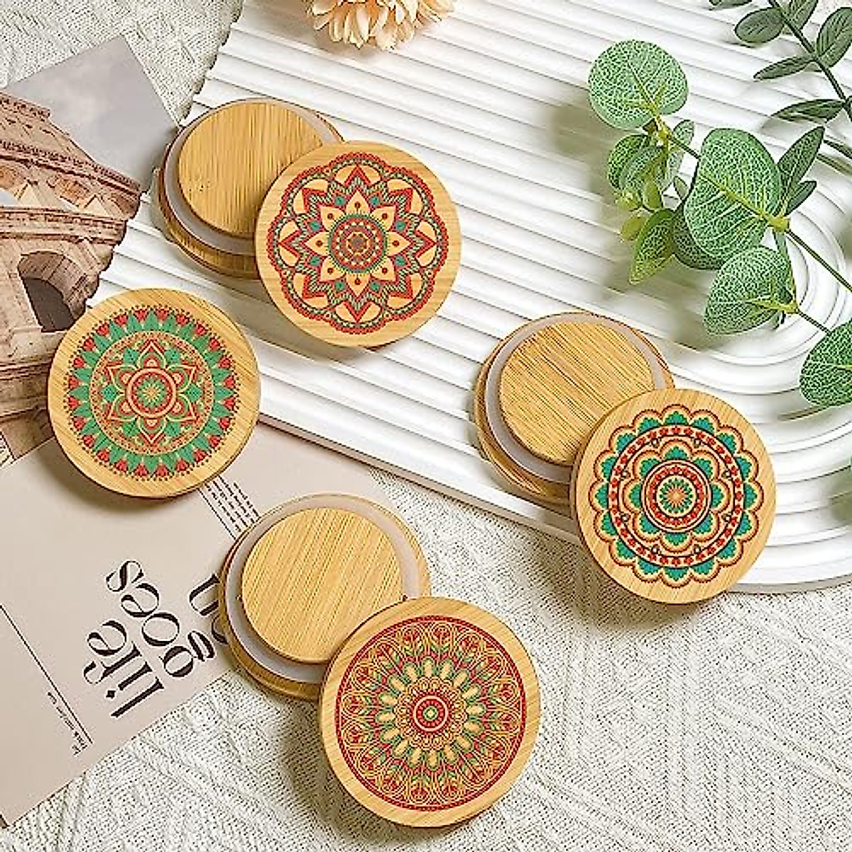 ANNOR 8 Pack Oui Yogurt Jar Lids Reusable Bamboo Wooden Lids with Mandala Patterns, Silicone Sealing Rings and Yogurt Bottle Label, Fit for Oui Yogurt Jars