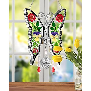 KY&BOSAM Butterfly Suncatcher Mother`s Day Gift I Love You Mom Stained Glass Suncatchers Hanging Ornament for Window Wind Chime Gifts for Mother`s Day Valentine`s Birthday Christmas Dream Catchers