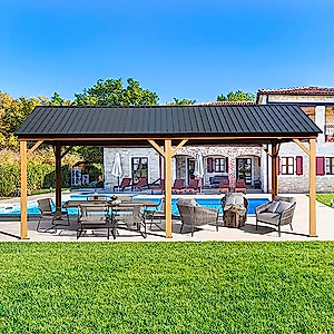 Domi 12x20FT Hardtop Gazebo, Galvanized Steel Gable Roof Gazebo Pergola with Wood Grain Aluminum Frame, Outdoor Permanent Gazebo Pavilion for Patio, Garden, Deck, Backyard