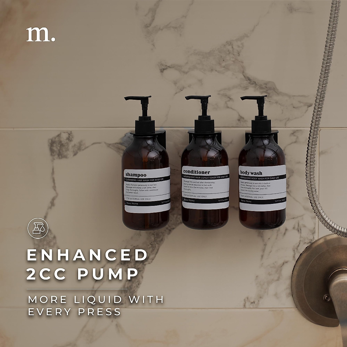 MaisoNovo Shampoo and Conditioner Dispenser - Shower Soap Dispenser Wall Mounted - 16.9 fl oz Set of 3 Amber Plastic Bottles Black Pump - 3 Chamber No Drill