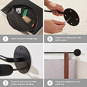 Iroomy Wall Mounted Headboard Queen with Brown Faux Leather Straps, Linen Fabric Upholstered Headboard with Adjustable Heigh Headboard, Queen Headboard with Metal Bar for Dining Room, Bedroom, Grey