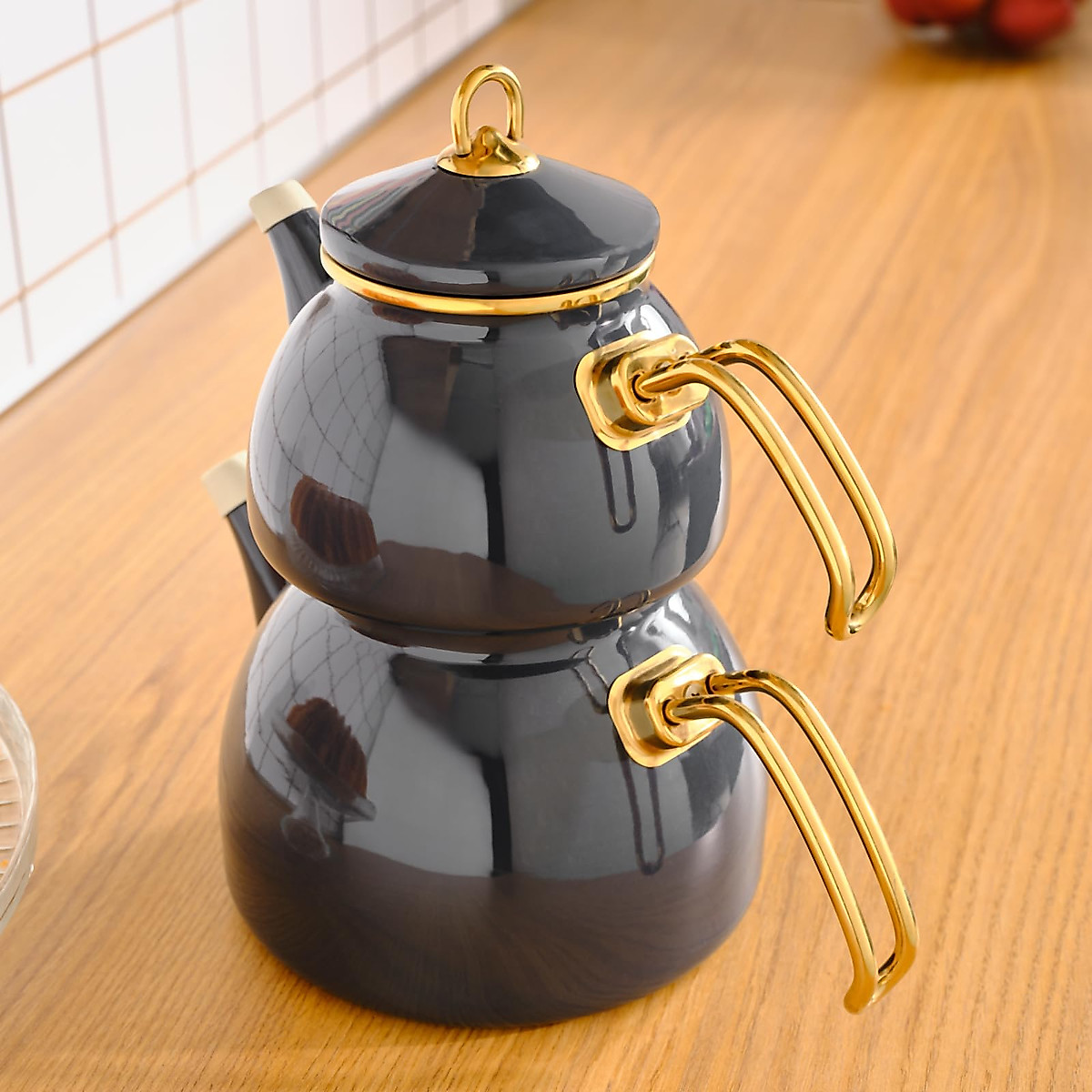 Karaca Retro Teapot Set Anthracite, Enamel, Teapot/Lid (1.1 lt, 2.4 lb), Tea Kettle (2.3 lt, 5 lb), Titanium Coated Handles, Suitable for Induction