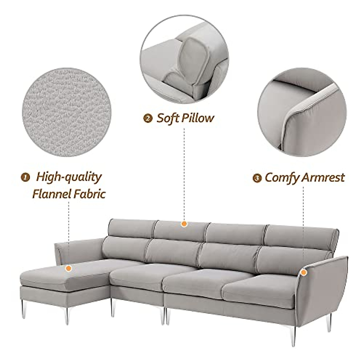 Lifeand 111" Convertible Sectional, Flannel L Shape Furniture Couch Left/Right Handed Chaise Sofas, Gray
