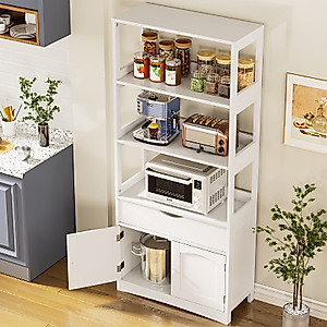 Kitchen Pantry Storage Cabinets Freestanding Tall Bathroom with Shelves and Drawer 64''H Sideboard Storage Cabinet with Microwave Space Cupboard Storage Organizer for Home Office,White