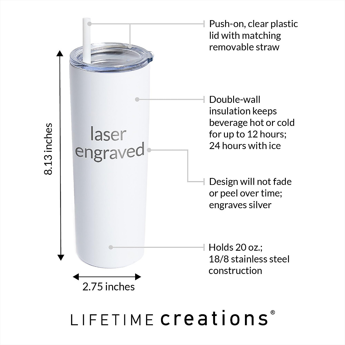 Lifetime Creations Engraved Personalized Mother of the Bride Tumbler, Skinny Stainless Steel Tumbler with Straw 20 oz, Custom Mother of the Bride Gift (White)