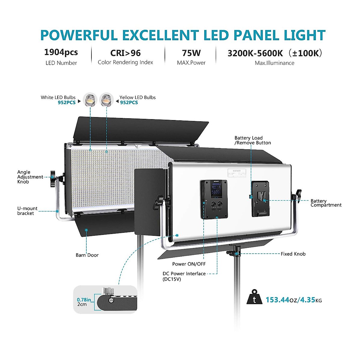 Neewer Professional 1904 LED Video Light with APP Intelligent Control System, Dimmable Bi-Color 3200K-5600K Photography Lighting Kit for YouTube Studio Video Lighting with LCD Screen, Metal Shell