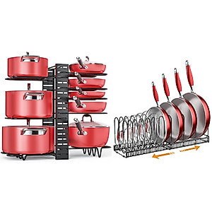 8 Tiers Pan Organizer Rack for Cabinet and 11 Expandable Pan or Lid Organizer Bundle