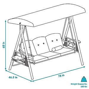 Sunnydaze 3-Person Steel Patio Swing Bench with Adjustable Tilt Canopy - Cushions and Pillow Included - Brown
