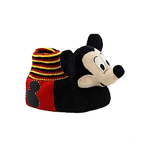Disney Mickey Mouse Toddler Boys Plush 3D Mickey Head Sock Top Slippers (7-8 M US Toddler, Black/Red)