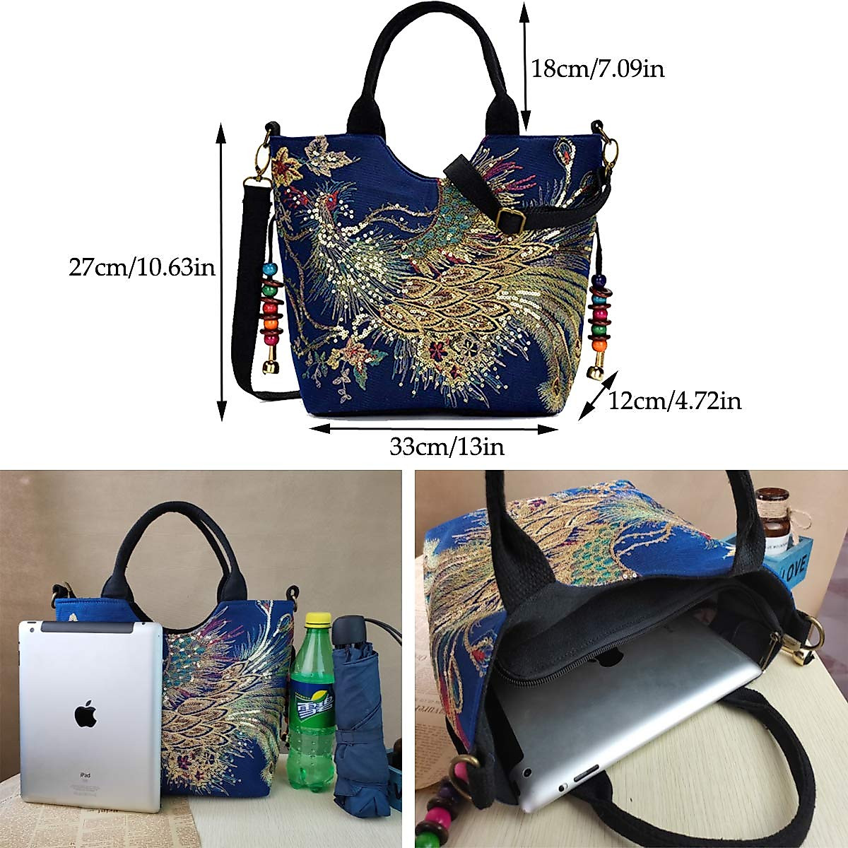 Women Vintage Sequins Peacock Handbag - Ethnic Embroidery with Pendants (black)