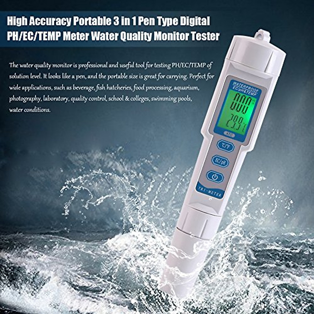 PH/EC/Temp Meter Professional 3 in 1 Portable High Accuracy Handheld Pen Testing Water Quality Tester Meter