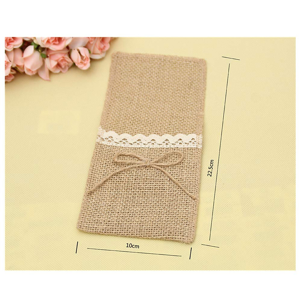 10 Pcs Burlap Lace Utensil Cutlery Holders Cutlery Pouch Knifes Forks Bag for Vintage Natural Wedding Bridal Shower Tableware Christmas Party (4x8inch)
