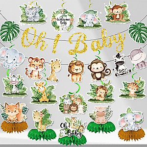LARRAZABAL Jungle Wild Animal Baby Shower Decorations, NO-DIY Animals Banner, Hanging Swirls and Honeycomb Centerpieces, Wild Safari Baby Shower Decorations