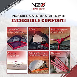 Near Zero 2 Person Ultralight Backpacking Tent, 2 Door, 20D Ripstop Waterproof Sealed Nylon, Freestanding, Rainfly, 3 Season, with Lightweight Aluminum Frame. Easy Setup System