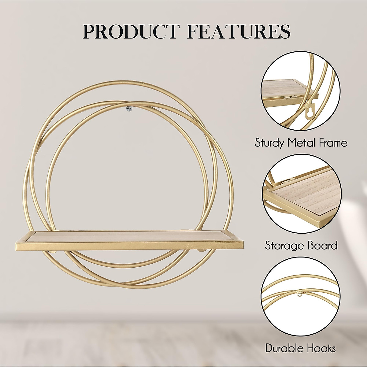 Oakrain Small Floating Shelves Set of 2, Wall Mounted Hanging Shelf with Gold Metal and Wood, Round Wall Shelves for Storage, Living Room Decor, Bathroom, Kitchen, Bedroom, Office