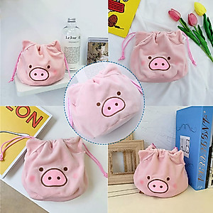 AKOAK 1 Pack Cute Fluffy Piglet Makeup Bag, Drawstring Tote Bag, Portable Travel Makeup Bag Storage Organizer