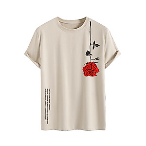 SOLY HUX Men's Graphic Tees Vintage T-Shirts Floral Letter Print Crewneck Short Sleeve T Shirts Casual Summer Streetwear Khaki Graphic Large