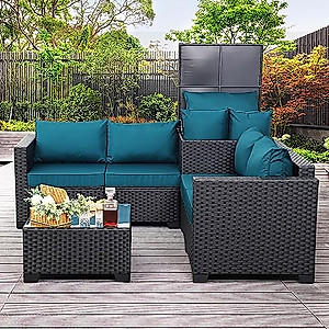 WAROOM Outdoor PE Wicker Patio Furniture Set 4 Piece Black Rattan Sectional Sofa Loveseat Couch Conversation Set with Storage Box Glass Top Table and Anti-Slip Peacock Blue Cushion