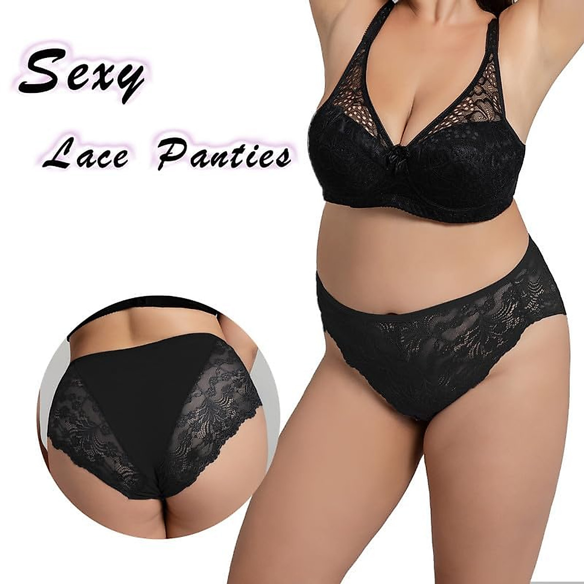 Cinvik Womens Lace Panties High Waisted Underwear Ladies Sexy Seamless Black 6 Pack M