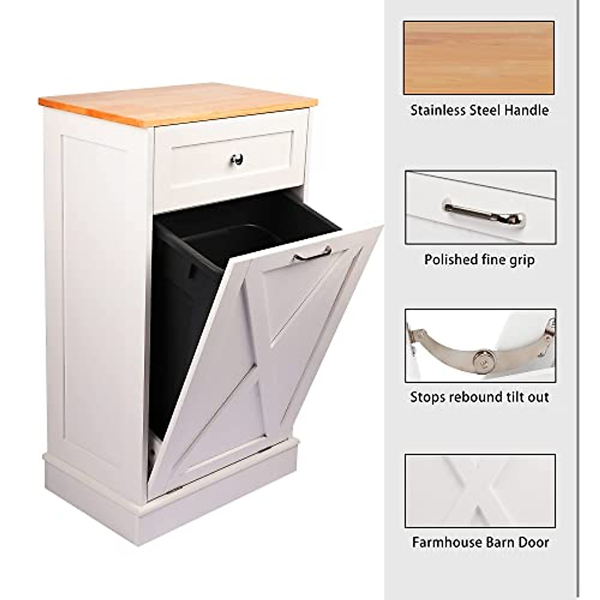 TOLEAD Tilt Out Trash Cabinet Free Standing 10 Gallon Recycling Trash Can Cabinet with Barn Door for Farmhouse Kitchen,Living Room, Dining Room, White