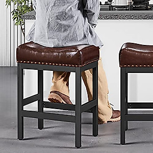 Yaheetech 26" Bar Stools Set of 4 Counter Height Bar Stools Leather Saddle Stool Kitchen Stools for Island Modern Backless Faux Leather Counter Stool, Dark Brown