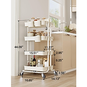 Pipishell 4-Tier Rolling Cart, Utility Cart with Lockable Casters, PP Plastic Storage Baskets, Hanging Cups & Hooks, Rolling Cart for Living Room, Bedroom, Kitchen, Bathroom, Art Studio(White)