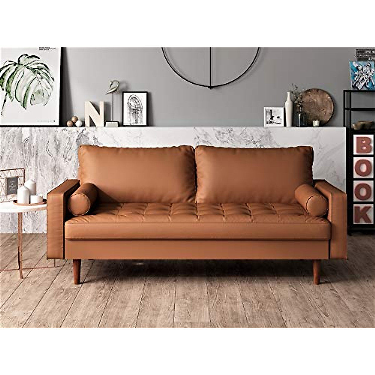 Container Furniture Direct Womble Mid Century Modern Couch with Bolster Pillows, PU Leather Upholstered Tufted Seat, Versatile Retro Design for Comfortable Living Spaces, Sofa, Coffee Brown