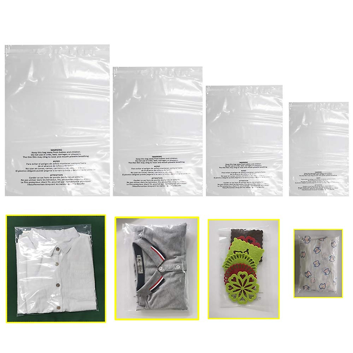 Belinlen 400 Count Combo Pack Warning Bags - 6x9, 8x10, 9x12, 11x14 Inch Self Seal Clear Poly Bags with Suffocation Warning with Permanent Adhesive, Strong Adhesive, Not Resealable (1.5mil)